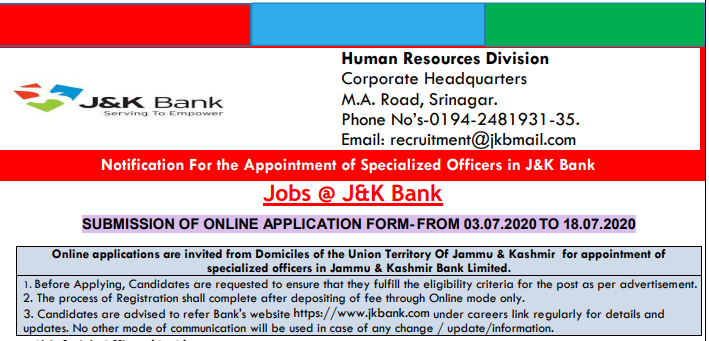 JK BANK SO Recruitment 2020: Last date to Apply For 26 Specialist ...