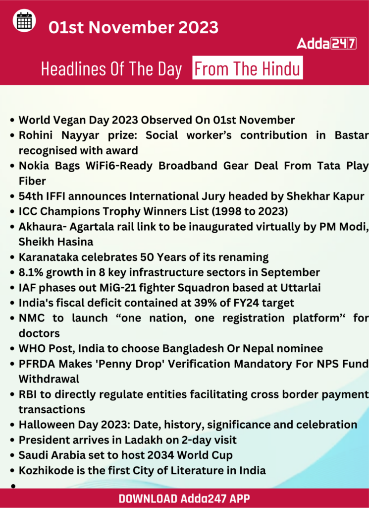 Daily Current Affairs 1 November 2023, Important News Headlines (Daily ...