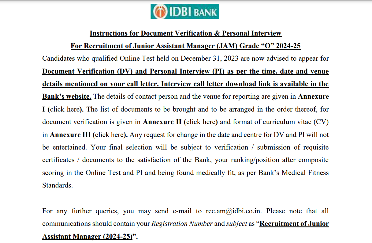 IDBI Junior Assistant Manager Interview Call Letter 2024 Out, Download Link