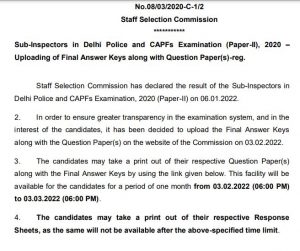 SSC CPO Final Answer Key Out: Download SSC CPO Paper 2 Answer Key