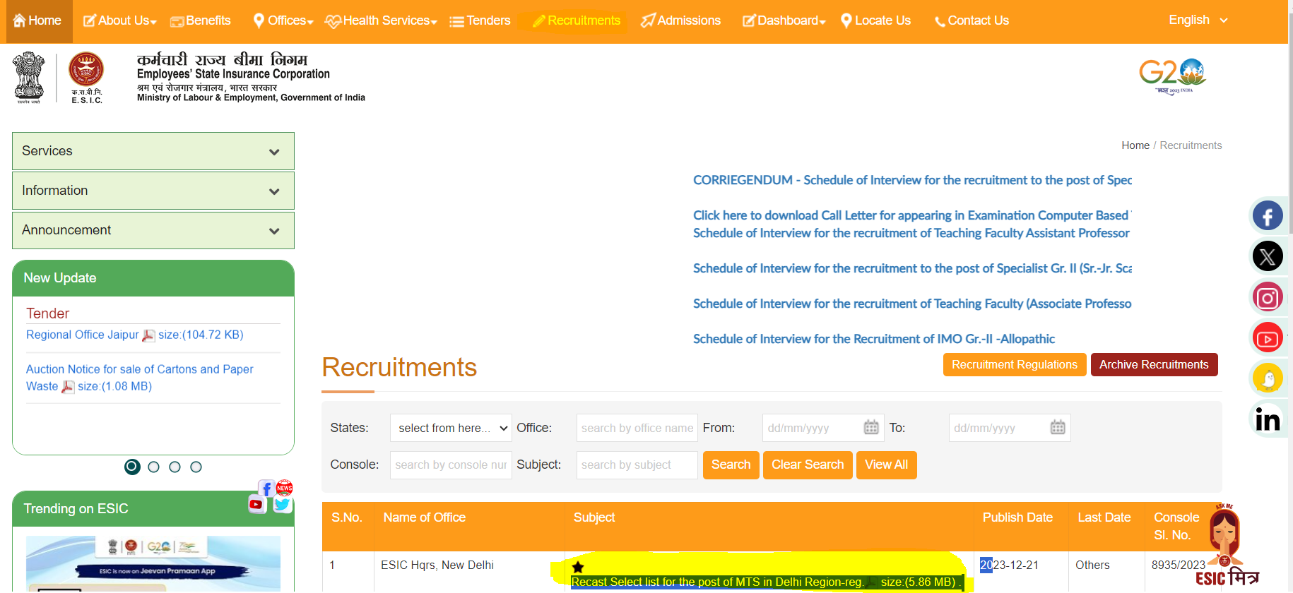 ESIC MTS Result 2023 Out, Download Result PDF