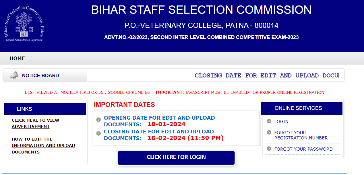 BSSC Inter Level Notification 2024, Application Form Edit Link Date ...