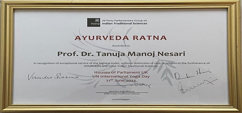 UK Parliament honours Tanuja Nesari with Ayurveda Ratna award